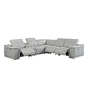 Blackjack Furniture Venice 6 Piece Sectional Sofa with 3-Power Recliners, Features Adjustable Headrest, Lumbar Support, USB and Wireless Charging Station, Extra Large Storage, 1 Console, Light Grey