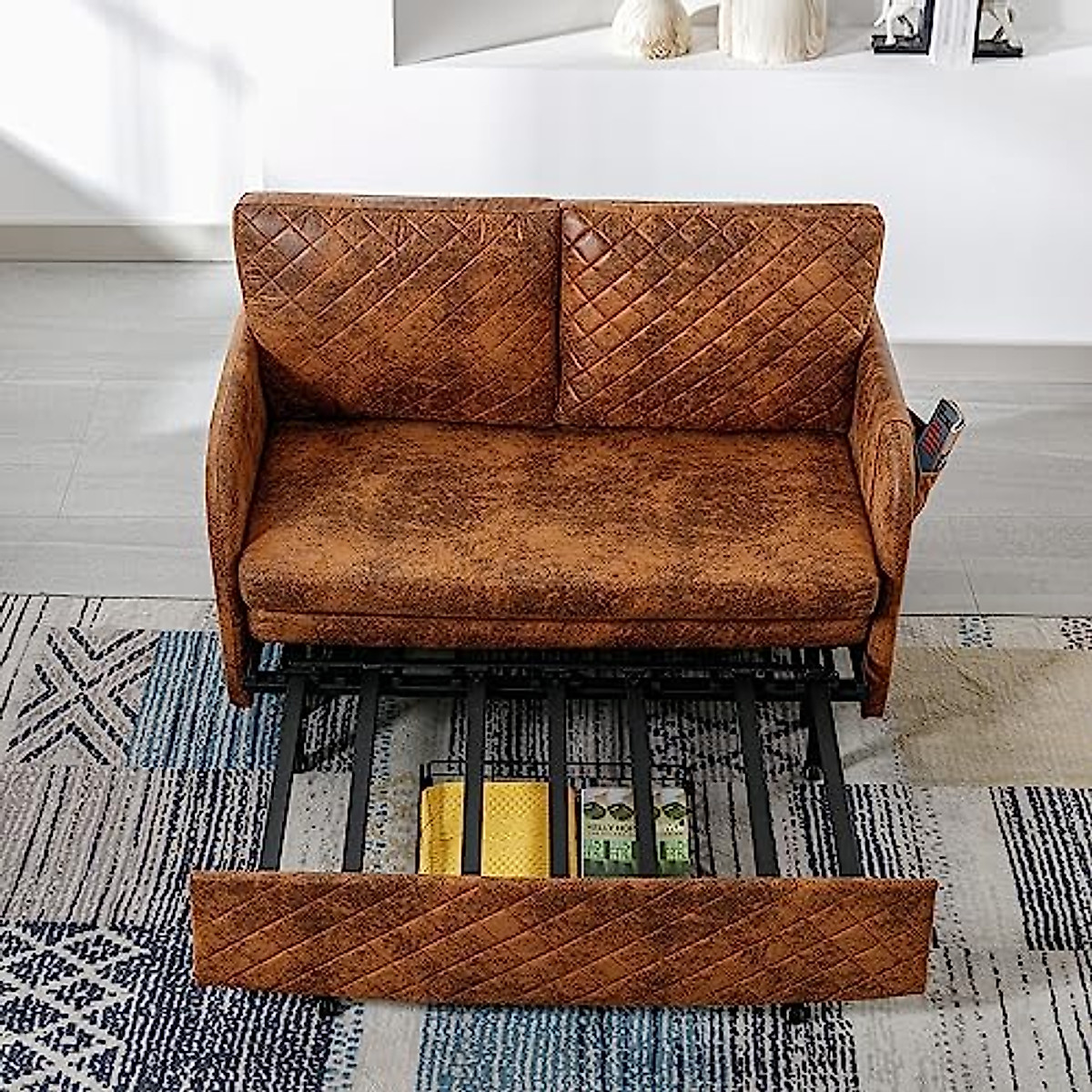 HomSof, Coffee Convertible Sleeper Sofa Modern Loveseat Couch with Pull Out Bed, 2 Pillows and Side Pockets, with Drawer