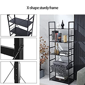DAWNYIELD 5 Tier Tall Standing Bookshelf Metal and Wood Frame Storage Rack Organizer Classy Bookcase Modern Industrial Display Shelf Unit for Bedroom Living Room Study and Home Office Black