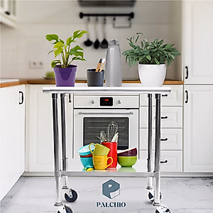 PALCHIO Stainless Steel Prep Table for Kitchen 30x24x34 - Food Prep Station with Backsplash, Shelf on Wheels for Commercial or Home Kitchen - Hotel, Restaurant Equipment with Cutting Board, Towel