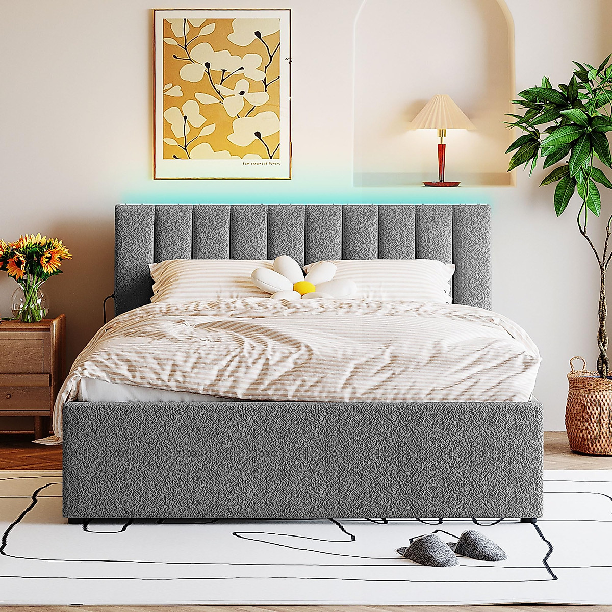 Brisca Queen Size Teddy Fleece Upholstered Platform Bed with Trundle and LED Light,Bed Frame W/Stripe Headboard,for Bedroom,Apartment,Guest Room,Gray
