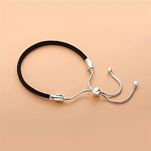 Adjustable European Charm Bracelets 3mm Steel Snake Chain Fits Pandora Beads Pendants & More (Black Leather Sliding Bracelet)