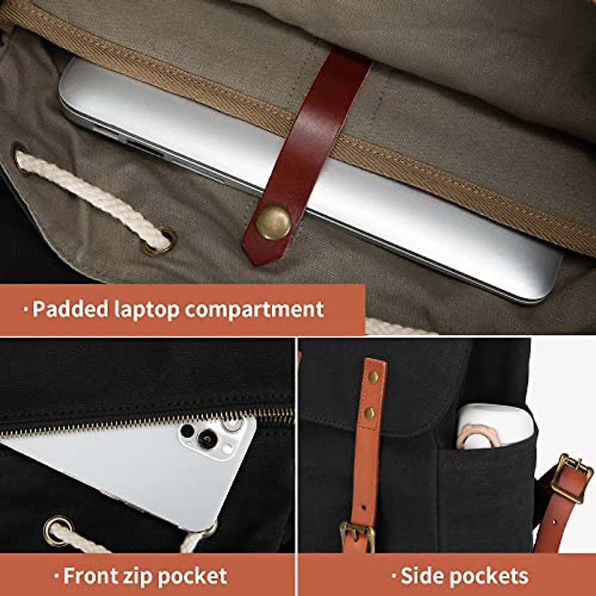 ETidy Canvas Leather Casual Daypack Retro Classic Laptop Backpack Bookbag Travel Rucksack For Student Men Women(Camel)