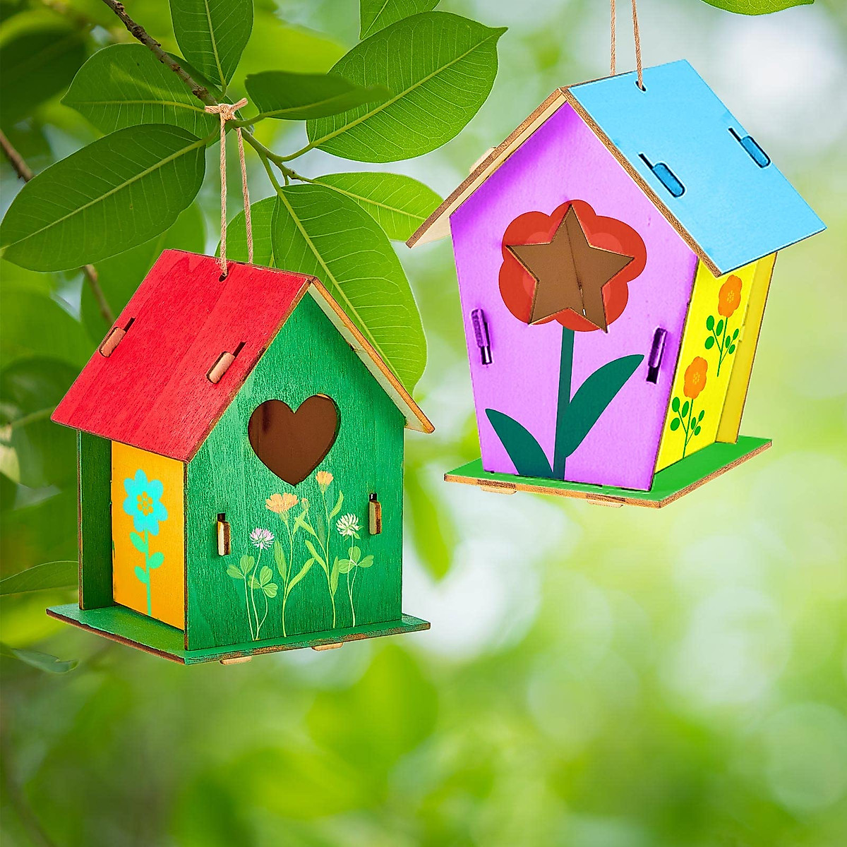 Juexica 15 Pcs 4" Wooden Birdhouses, Unfinished Wood Bird Houses Kits Arts and Spring Crafts Kids Wooden Bird Houses Bulk for Children to Build and Paint DIY Craft (Modern)