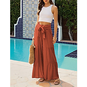 Xiaoxuemeng Women's Tiered Palazzo Pants Flowy Elastic High Waisted Wide Leg Beach Pants (Rust-XL)