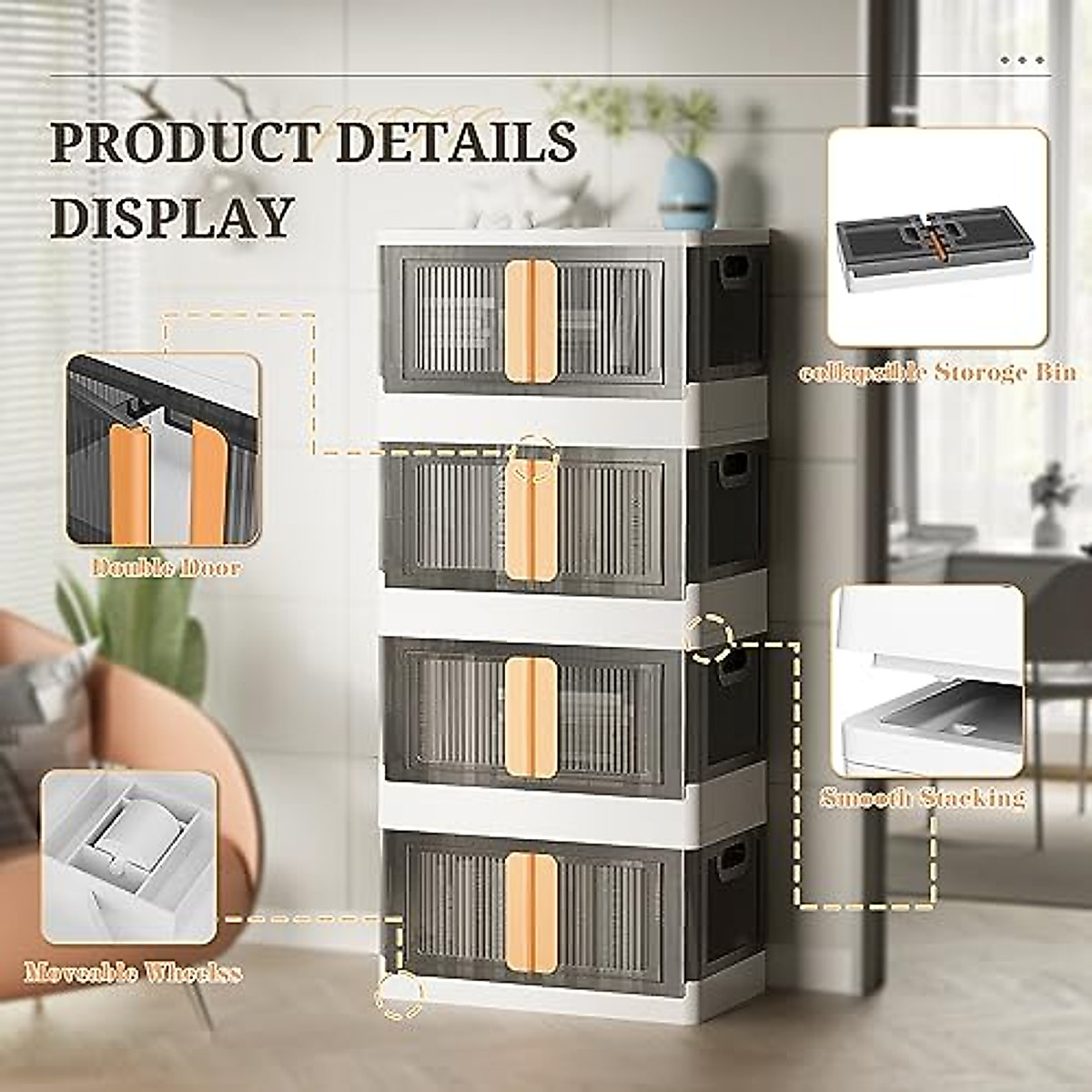 YESHOMY Storage Bins with Lids, 8.4 Gal Clear Plastic Collapsible Containers, Equipped with Door, Stackable Storage Box with Latching Buckles & Wheel, Organizer for Clothes, Toys, Foods, 4 Pack