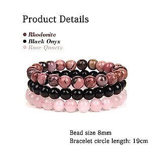 Risyfjew 3 PCS Women Healing Crystal Bracelets 8mm Natural Stone Beaded Stretch Bracelet Rose Quartz Rhodonite Jewelry Gifts