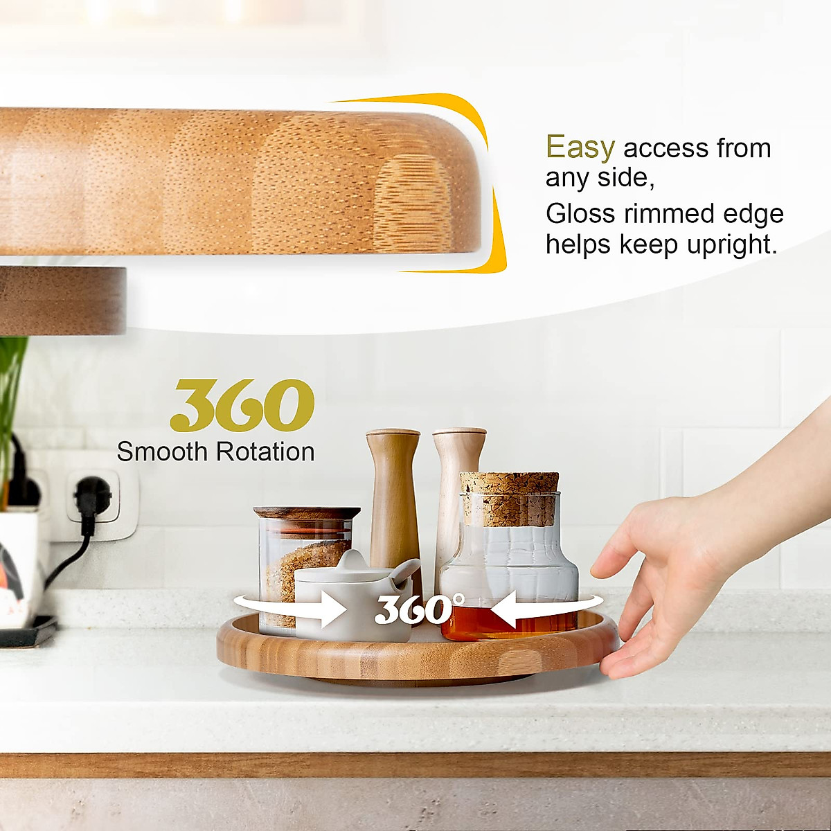 Lazy Susan Organizer, Kitchen Bamboo Turntable for Cabinet, Countertop Spices Organization and Storage, 360 Degree Rotating Vanity Tray for Pantry, Bathroom, Fridge, Under Sink Organizing