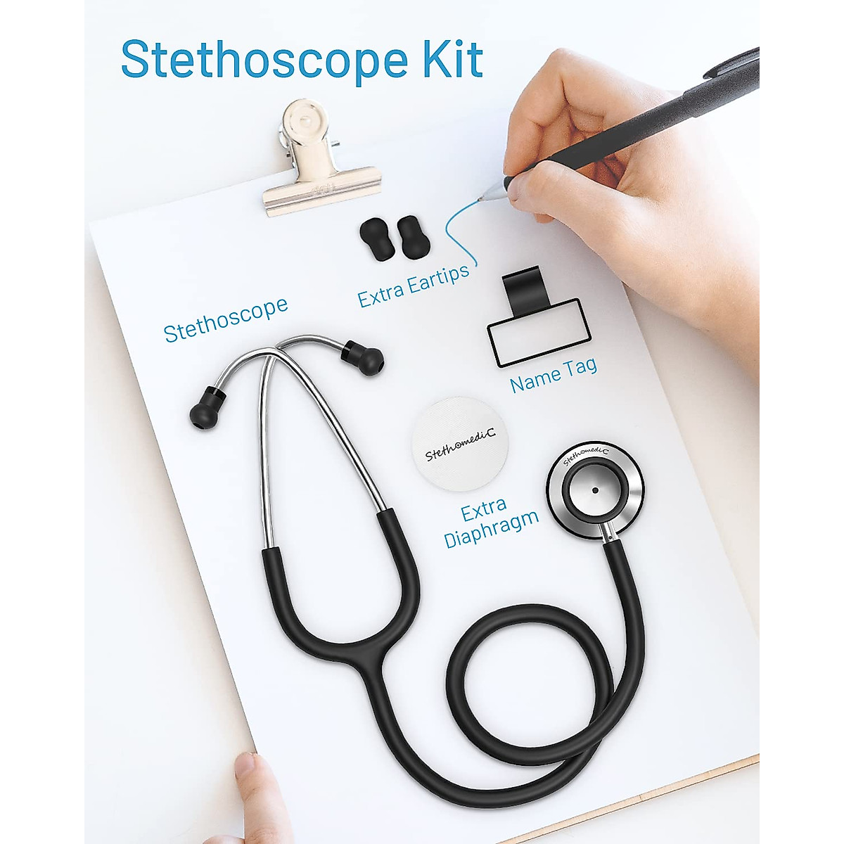 FriCARE Dual Head Stethoscope - Stethoscopes for Nurses, Medical Nursing Students, Paramedics/EMT/LVN/VNA Backup - FSA/HSA Eligible Estetoscopio, Smooth Black Tube, Stainless Steel Chestpiece