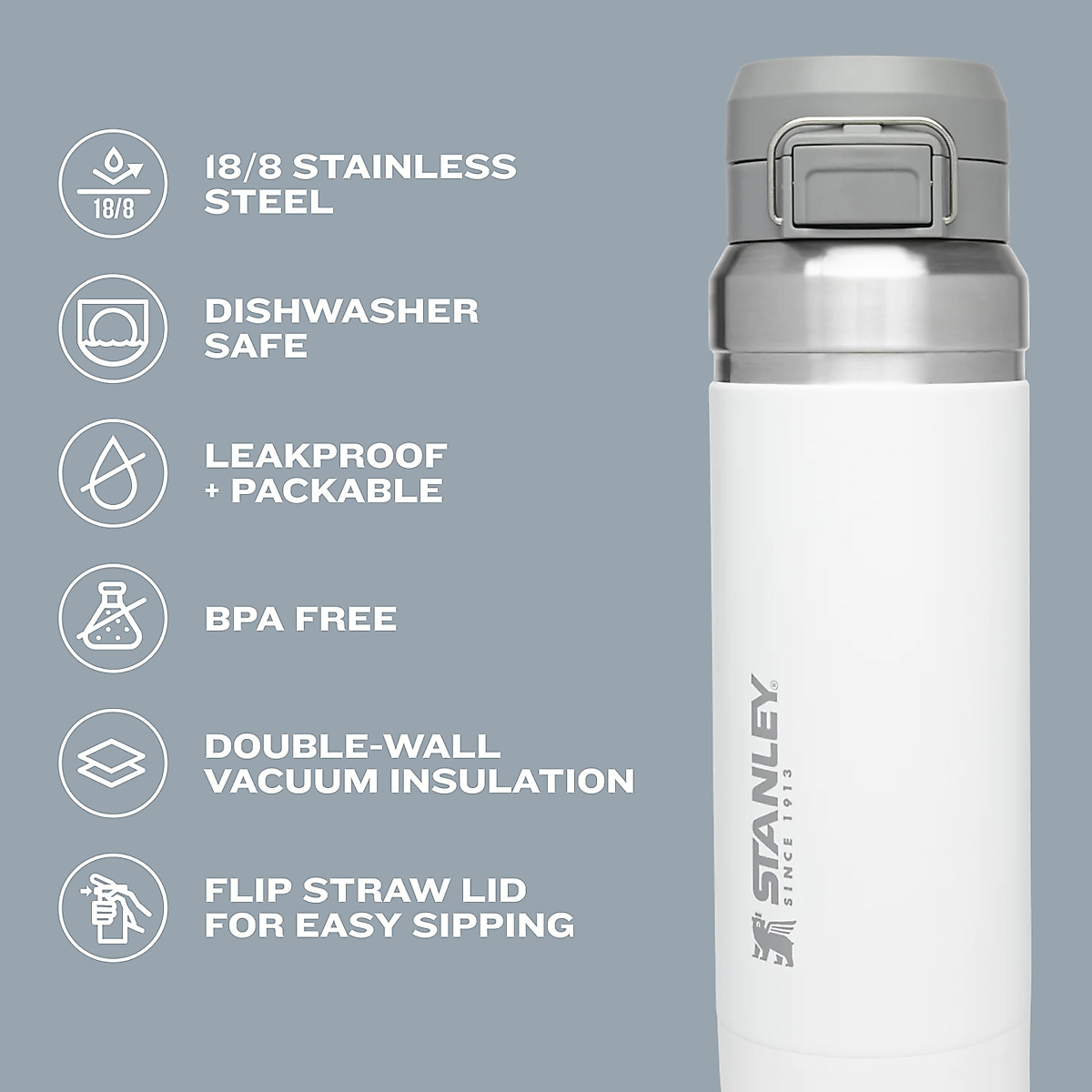 STANLEY Quick Flip GO Water Bottle 36 oz | Push Button Lid | Leakproof and Packable for Travel and Sports | Insulated Stainless Steel | BPA-Free | Rose Quartz