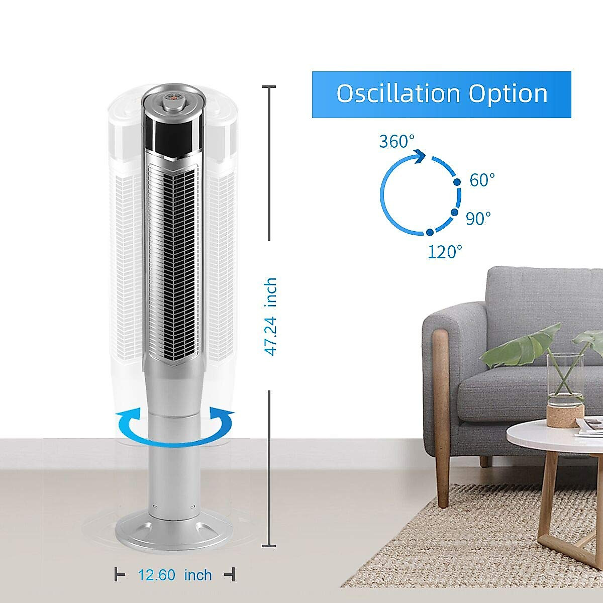 R.W.FLAME Tower Fan, 360° Oscillating Standing Fan Room Fan Portable Bladeless Quiet Floor Fan with Remote, 8 Speeds, 3 Modes, 24H Timer for Bedroom and Home Office Use (47-inch, SILVER)
