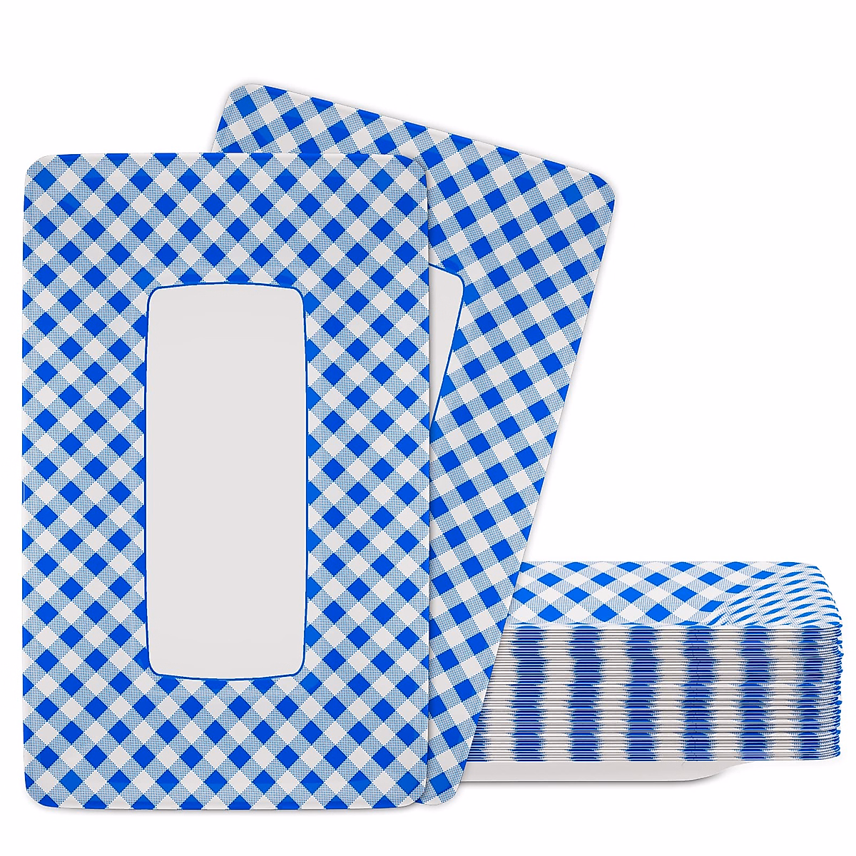 DYLIVeS Blue and White Buffalo Plaid Plates, 9.1 x 5.7 Inch Blue Checkered Disposable Paper Food Trays for Dessert Appetizers Snack Hotdog Rectangular Platters for Picnic, Graduation Party, 50 Pcs