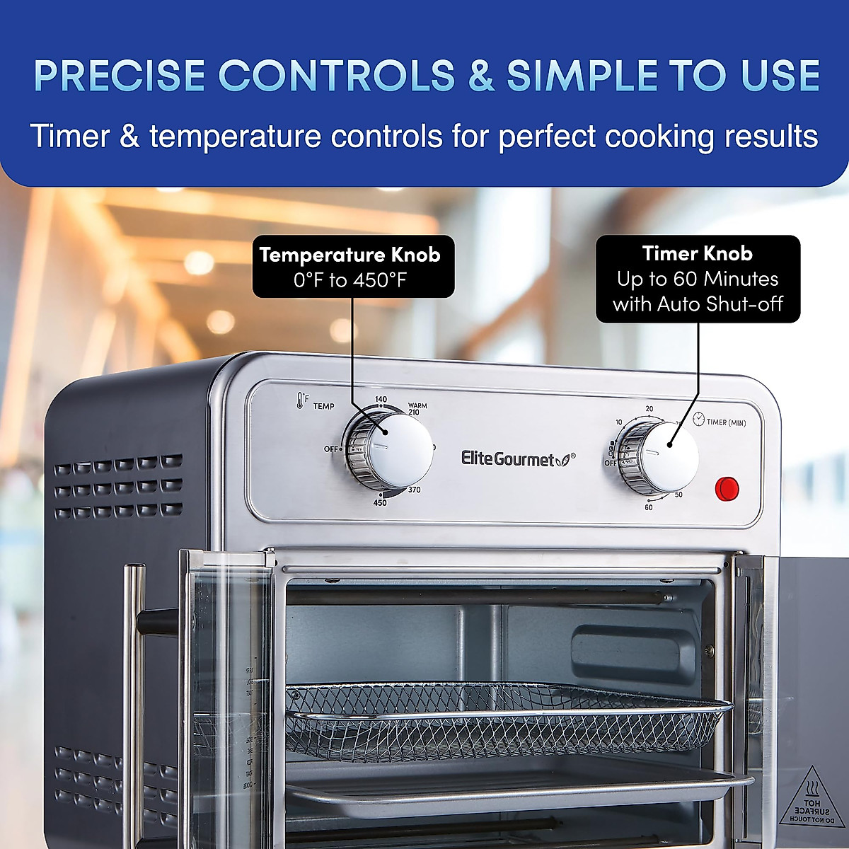 Elite Gourmet EAF1222SS Air Fryer Oven Double French Doors, Bake, Grill, Roast, Broil, Rotisserie, Toast, Warm, Air Fry, Dehydrate, 1500 Watts, with 25 Recipes, 12L. Capacity, Stainless Steel