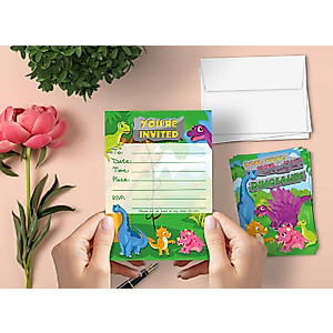 Leigha Marina Dinosaurs Party Invitation Cards for Kids, 20 Invites & 20 Envelopes - Fill in the Blank Greeting Notes - Multi-Use, Birthday, Themed Celebration