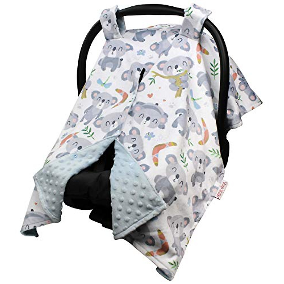 Baby Car Seat Canopy Cover - Baby Koala Bears & Butterflies with Light Blue Minky Dot