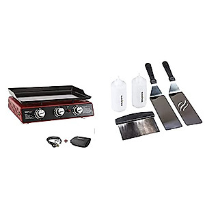Royal Gourmet PD1301R 24-Inch 3-Burner Portable Table Top Gas Grill Griddle, 25,500 BTUs, Red & Blackstone 1542 Flat top Griddle Professional Grade Accessory Tool Kit (5 Pieces)