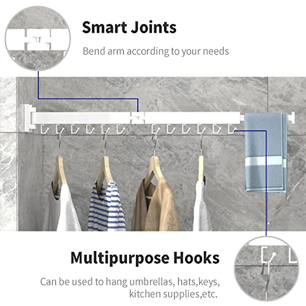 BESTHLS Wall Mounted Portable Clothes Drying Rack with Space Saver Clothes Hangers Design Universal for Balcony Mudroom Bedroom Kitchen Foldable Laundry Rack (2-Pole White)