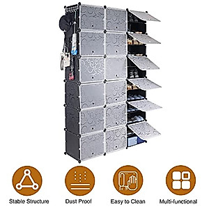 ALBOMI Portable Shoe Rack Organizer 72 Pairs, 12 Tier Stackable Plastic Shoe Storage Cabinet with Doors & Hooks, 18-Cube Space Saver Shoe Shelves for Entryway Closet Hallway Bedroom (Black)