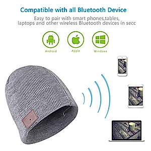 BearsFire Wireless Music Hat Beanie Compatible with Bluetooth Headphone Stereo Speaker Mic, Winter Warm Thick Skull Hat Washable Knit Running Cap for Men Women Outdoor Sports (Light Grey)