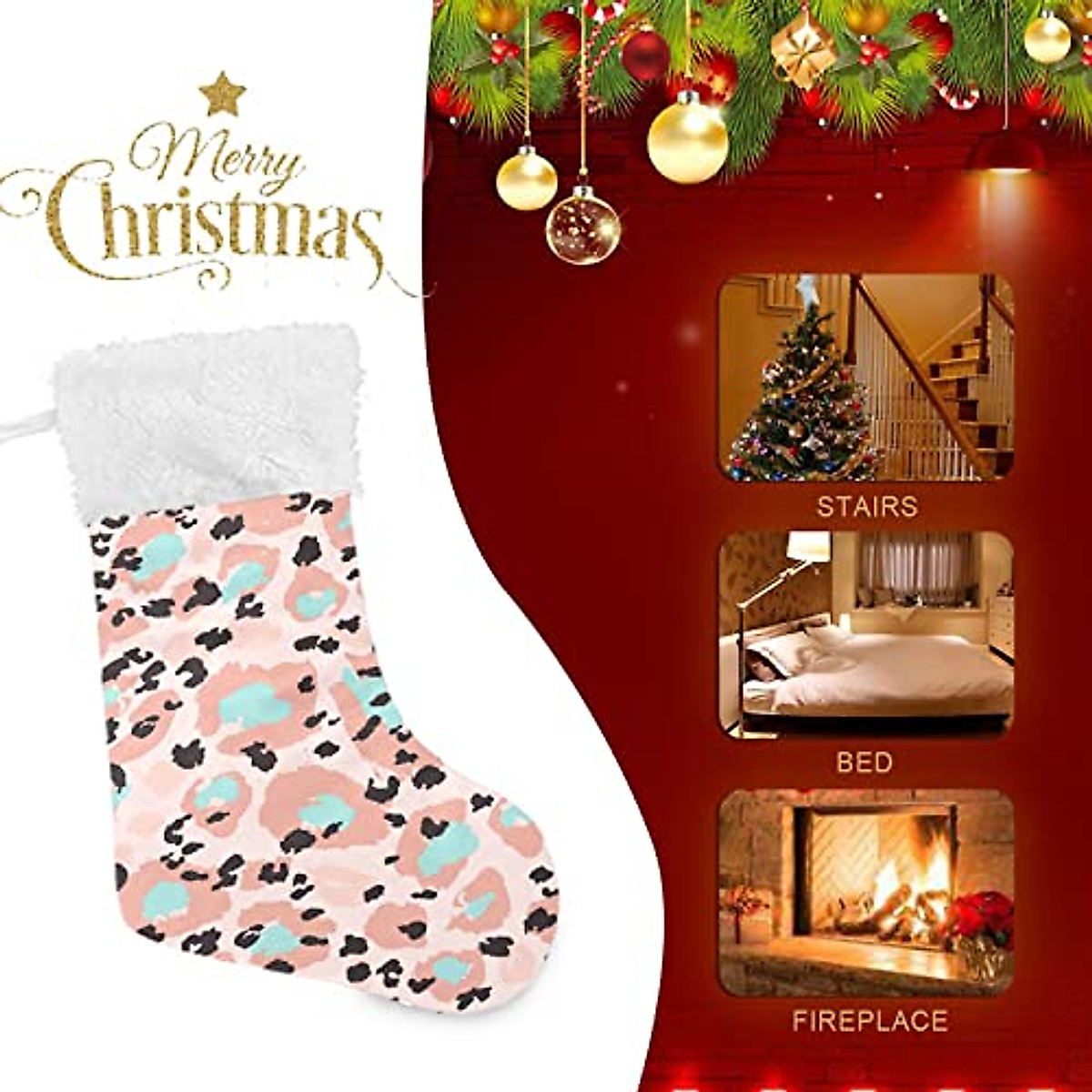 Kigai Christmas Stockings Pink Leopard Spots Large Candy Stockings Stuffers Kids Cute Xmas Sock Decorations 2PCS for Home Holiday Party 12" x18"