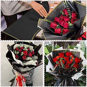 vivinin 24 Sheets Bouquet Wrapping Paper, 24.3x24 inch Waterproof Flower Paper Wrap, Flower Bouquet Wrapping Paper for Wedding Birthday Gift DIY, Flower Wrapping Paper Gold Edge (Black)