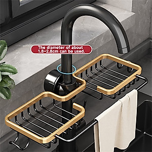 Swovo Dish Sponge Holder, Aluminum Dish Towel Organizer with Dish Towels Drying Rack and Hooks for 0.7"-1.1" Diameter Kitchen Sink Faucets (Black+Gold)