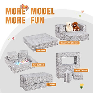 ALIMORDEN 3-in-1 Modular Toddler Couch, Glow-in-The-Dark Dinosaurs Flip Out Kids Couch, Nugget Couch with Two Ottomans and Side Pocket for Boys and Girls, Grey