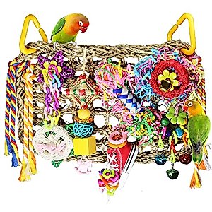 Bird Parakeet Cockatiel Toys, PBIEHSR Bird Foraging Toys Seagrass Woven Climbing Hanging Mat Bird Chewing Toys Perch with Shredder for Lovebird Finch Budgies Conures