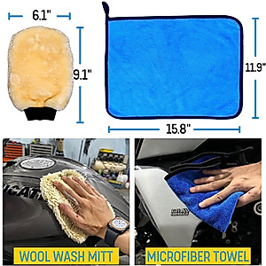 Motorcycle Cleaning Brush Kit 6 Pack, Easy Reach Brush, Chain Brush,Wool Wash Mitt, Stiff Tire Brush, Detailing Brush& Microfiber Towel for Motorcycle Mudguard, Rims,Exhaust, Frame Detailing Wash Kit