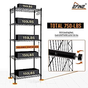 EFINE 2-Pack 5-Shelf Shelving Unit Rack with 8-Hook and 5-Shelf Liners, NSF Certified, Adjustable, 150lbs Loading Capacity Per Shelf, Shelving Rack for Kitchen and Garage (23.6W x 14D x 59H)