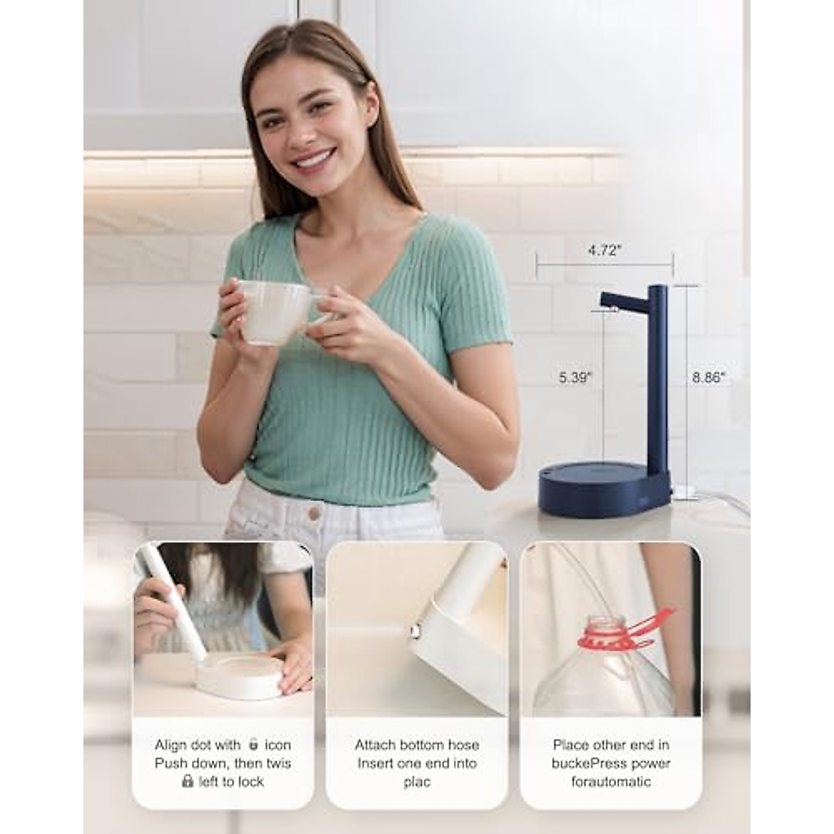 Desktop Water Bottle Dispenser, PLUZZ Portable Electric Water Pump for 5 Gallon Bottle, Bedside Water Dispenser for Home, Office, Camping, Outdoor - USB Charging (Navy Blue), X115A