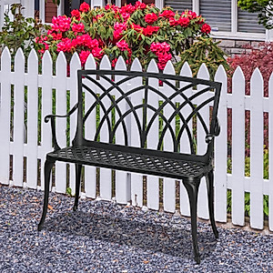 Outvita Outdoor Cast Aluminium Bench, 38" Garden Bench Anti-Rust Weather Resistant Patio Bench Orchid Pattern Bench for Front Porch, Backyard, Lawn