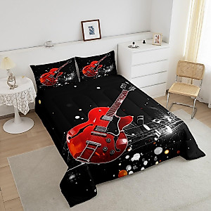 Castle Fairy Red Guitar Full Size Comforter Set Rock Music Theme Bedding Set for Kids Adults Teens Musical Instrument Comforter Luxury Music Note Quilt Set Room Decor 3Pcs