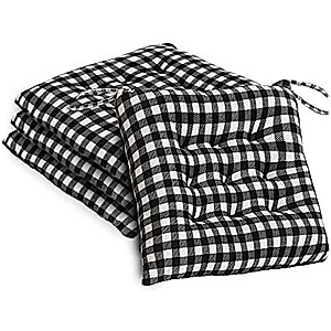 AKSTRN Black and White Plaid, Set of 4 Buffalo-Checked Chair Pads for DiningKitchen Chairs Seat Cushions for Outdoor Patio with Ties, 16 x 16 Inches Chair Cushion, 4 Pack