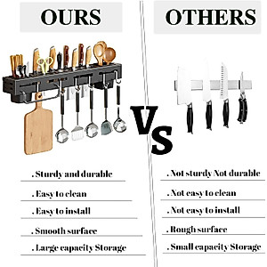 MINOCHI Knife Holder for Wall 50cm Multifunction Kitchen Knife Storage Holder with 8 Hooks, No Punch Wall Mounted Stainless Steel Knife Rack Organizer for Hanging Spoon Chopsticks - Black