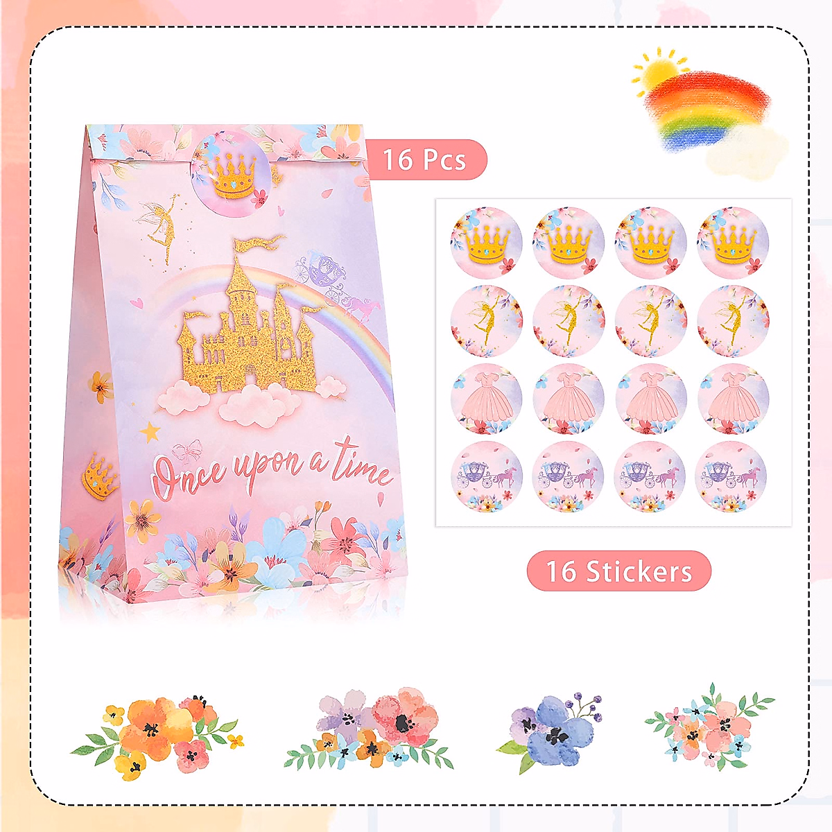 Outus 16 Pcs Princess Party Favor Bags Princess Goodie Candy Bags Decorations Pink Castle Treat Bags with 16 Princess Stickers for Birthday Baby Shower Party Supplies