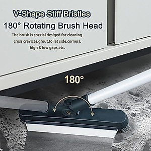 Floor Scrub Brush with Long Handle Grout Brush 2 in 1 Scrape Brush V-Shape Stiff Bristle Floor Scrubber with Squeegee 180°Rotating, Shower Scrubber Brush for Cleaning Bathroom, Kitchen, Wall