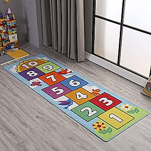 Hop and Count Hopscotch Rug, Kids Floor Play Area Rug Game Carpet Crawl Jump Mat, Children Numbers Learning Non-Slip Rug, Great for Ages 3 to 7 Boys Girls, Home Decor, 26''x55''