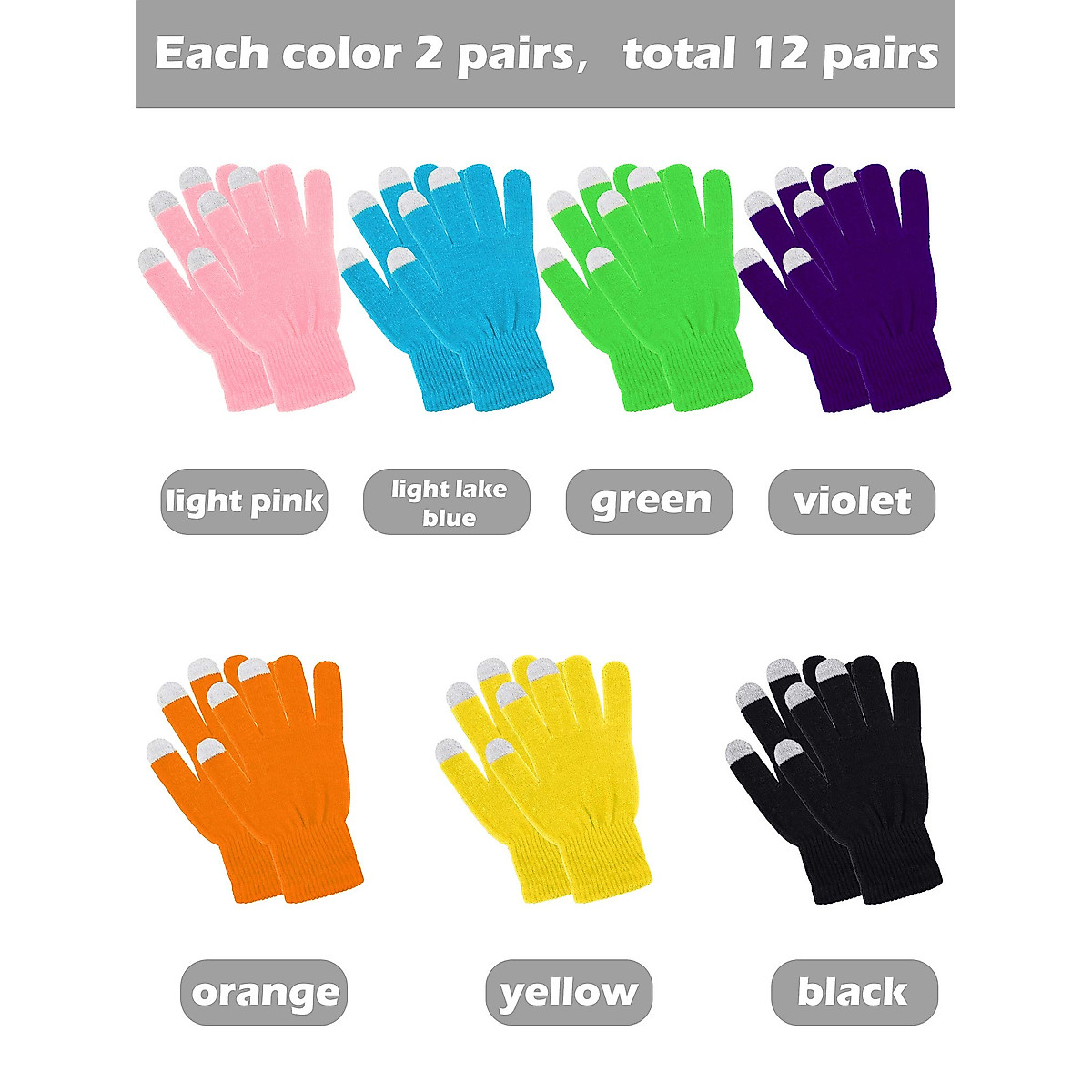 12 Pairs Winter Touchscreen Gloves For Men Women Stretch Knitted Texting Gloves Warm Windproof Solid Color Mittens(7 x 4 Inch,Black, Pink, Green, Purple, Orange, Blue, Yellow)