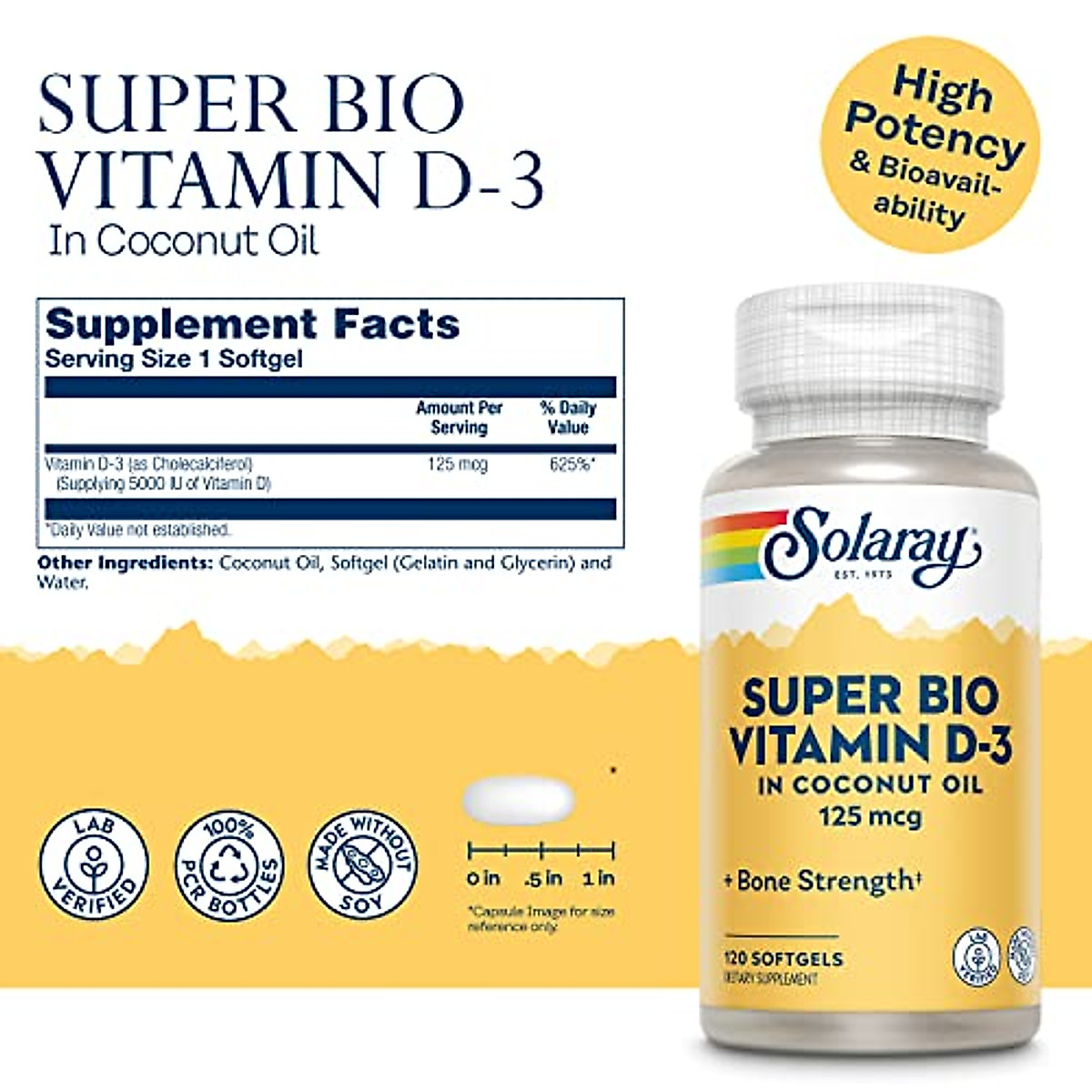 SOLARAY Super Bio Vitamin D-3 in Coconut Oil, Healthy Bone Strength & Immune Support, No Soy, 120 Softgels
