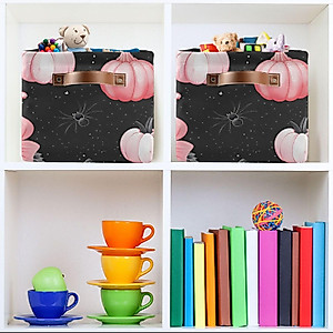 Storage Basket Halloween Pink Pumpkin with Rose Canvas Collapsible Box Organizer Bin with Handles