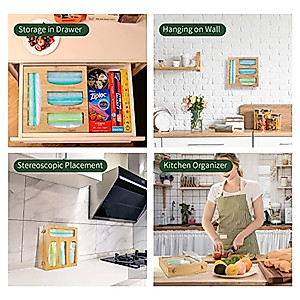Bamboo Ziplock Bags Organizer for Kitchen Drawer - Food Storage Plastic Bag Dispenser Holder Containers, Openable Lid Wooden Organization Box for Gallon Snack Sandwich Quart Variety Size Baggies