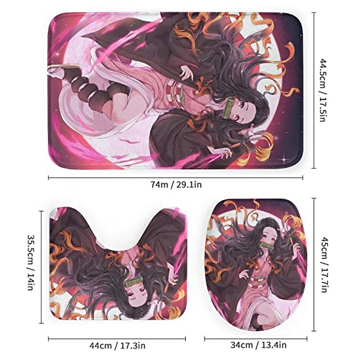 FFIS Anime 𝐃𝐞.𝐌𝐨𝐧 𝐒𝐥𝐚.𝐘𝐞𝐫 𝐍𝐞𝐳𝐮.𝐊𝐨 Bathroom Shower Curtain Set, 4 Piece Bathroom with Waterproof Shower Curtain and Non Slip Shower Mat & Toilet Lid Cover Mat U Carpet
