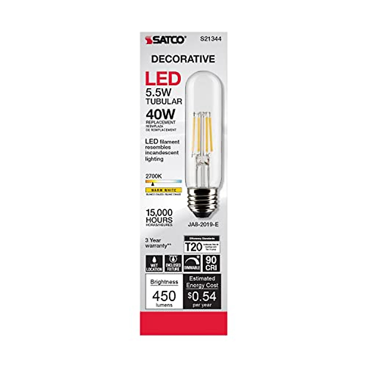 Satco S21344/06 5.5-Watt LED E26 Light Bulbs, 2700K, 15000 Hour Rating, Dimmable