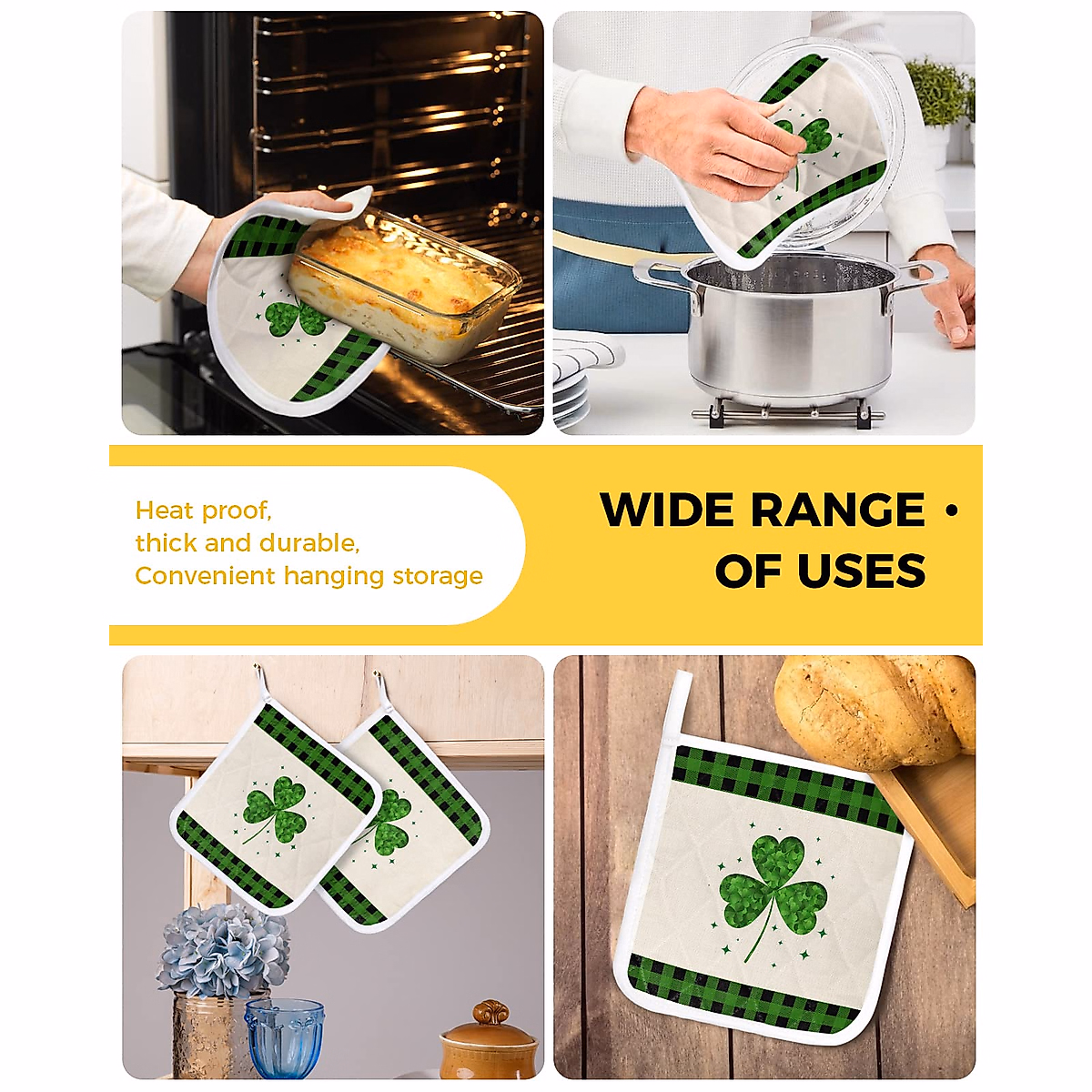 Pot Holders Set of 2,Irish Saint Patricks Green Shamrock Potholder for Kitchen Heat-Proof Hot Pads,Light Clover Black Plaid Vintage Cotton Linen Hot Mats Potholders for Cooking Baking BBQ