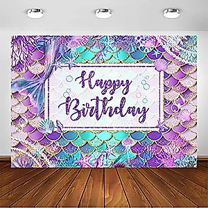 Avezano Mermaid Birthday Backdrop for Girl Under The Sea Bday Party Photography Background Glitter Purple Green Aqua Pink Mermaid Tail Birthday Party Decoration Photoshoot (7x5ft, Gold Glitter)