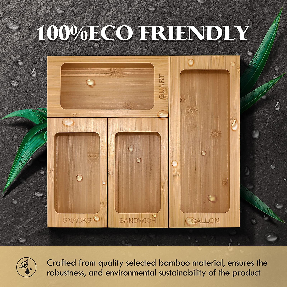 Storage Bag Organizer for Kitchen Drawer Organization, Bamboo Ziplock Bag Organizer for Drawer, Plastic Bag Organizer, Compatible with Quart Sliders, Snack & Sandwich Bag Organizer, Food Baggie Holder