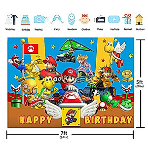 GUOBING Betta Mario Backdrop Kids Happy Birthday Baby Shower for Super Mario Bros Kart Party Backdrop Game Party Photo Video Decoration Background 7x5ft
