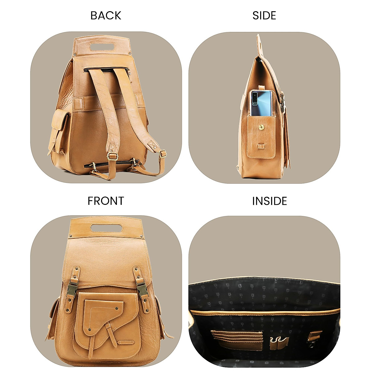 Handmade World Full Grain 18 Inch Leather Laptop Large Backpack Casual Bookbag Daypack Camping Travel Rucksack Knapsack (Camel Brown)