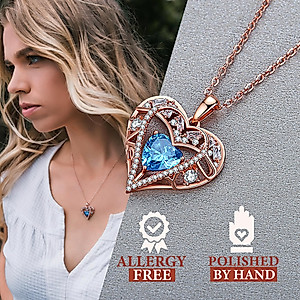 GEMMANCE 5 Heart Crystal Pendant Necklace - 925 Sterling Silver Chain - 18K Rose Gold Plated - Aqua Blue - 18”+2” Birthstone Jewelry for Women - Gifts for Birthday, Christmas